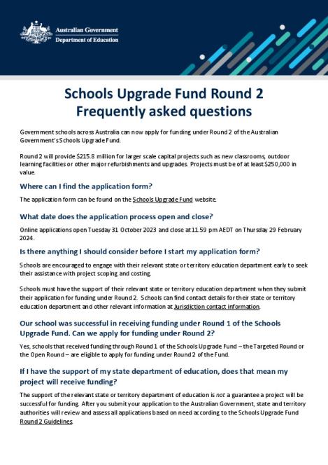 Schools Upgrade Fund Round 2 FAQ - Department of Education, Australian Government